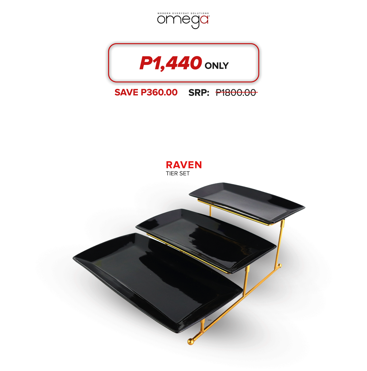 Raven Service Set 3 Tier Rectangular Black Ceramic with Gold Coated Ra ...