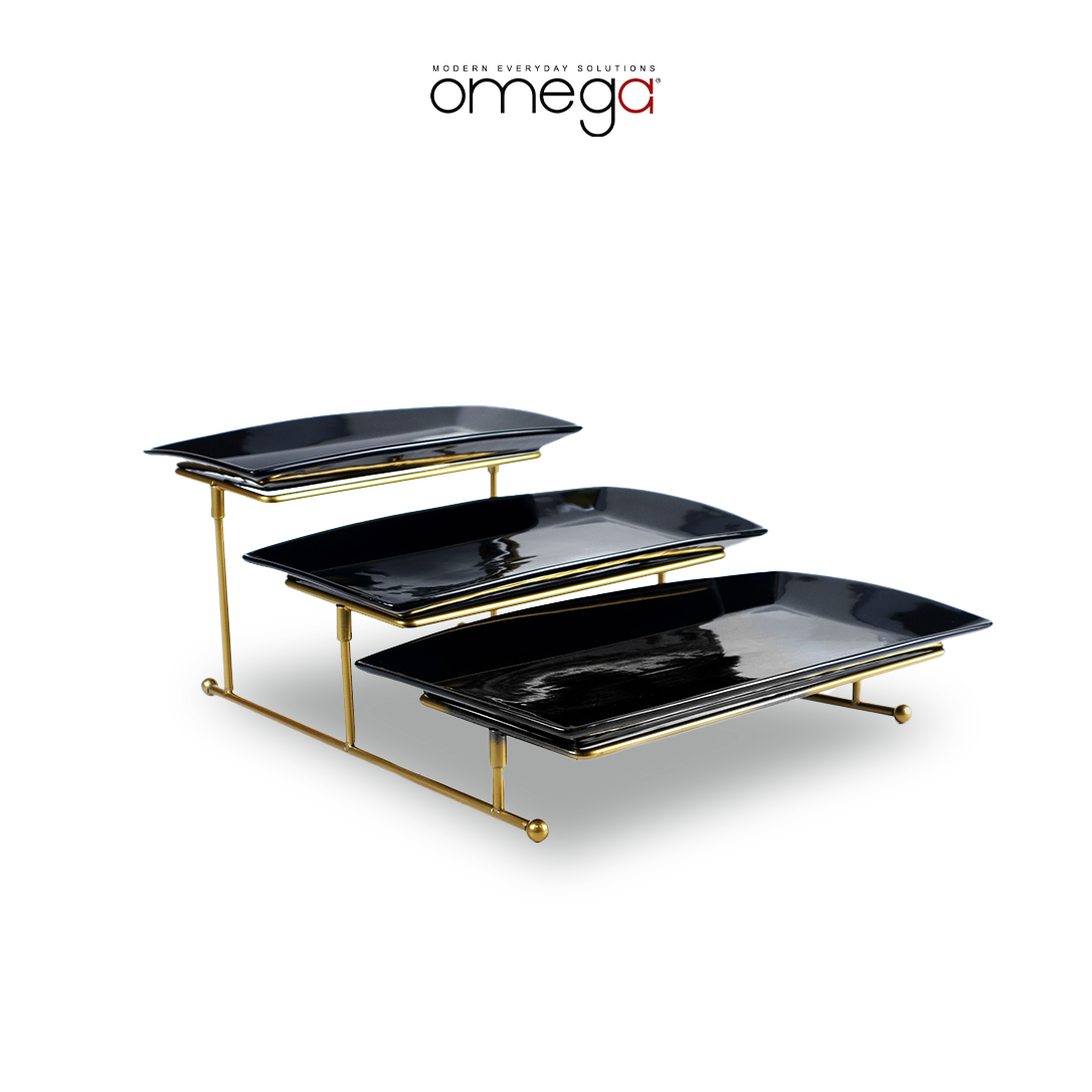 Raven Service Set 3 Tier Rectangular Black Ceramic with Gold Coated Ra ...